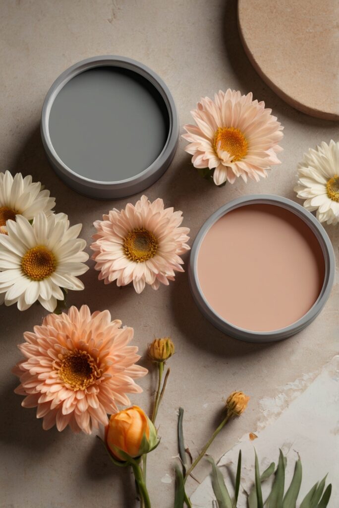 Soft Neutrals with a Pop: Peach and Slate Gray Color Harmony for 2024