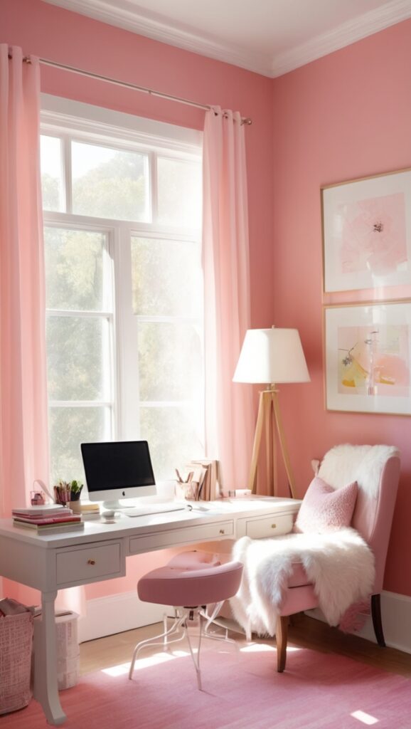 How can I create a cozy home office with a touch of pink?