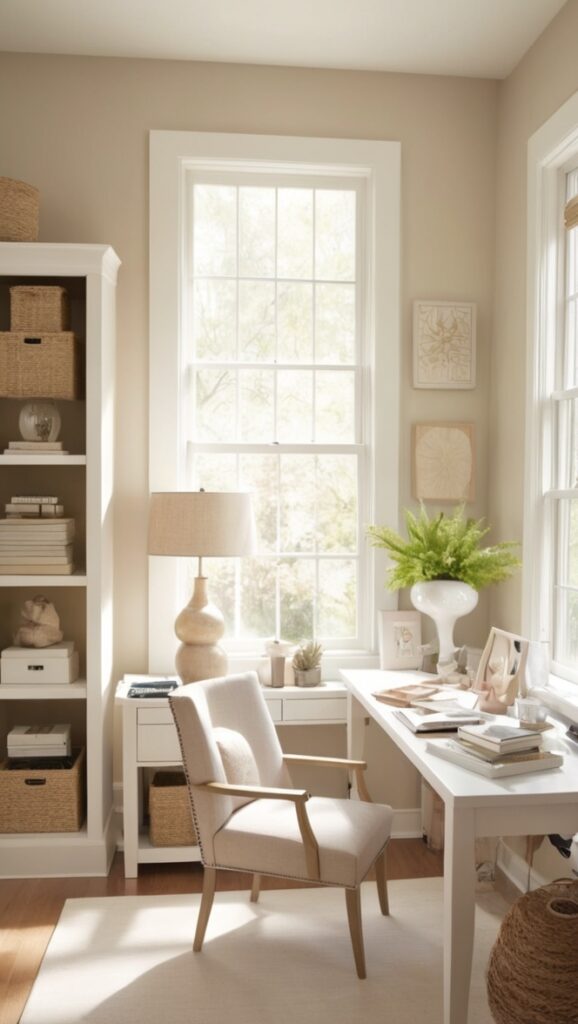 How would I design a cozy neutral home office on a budget?