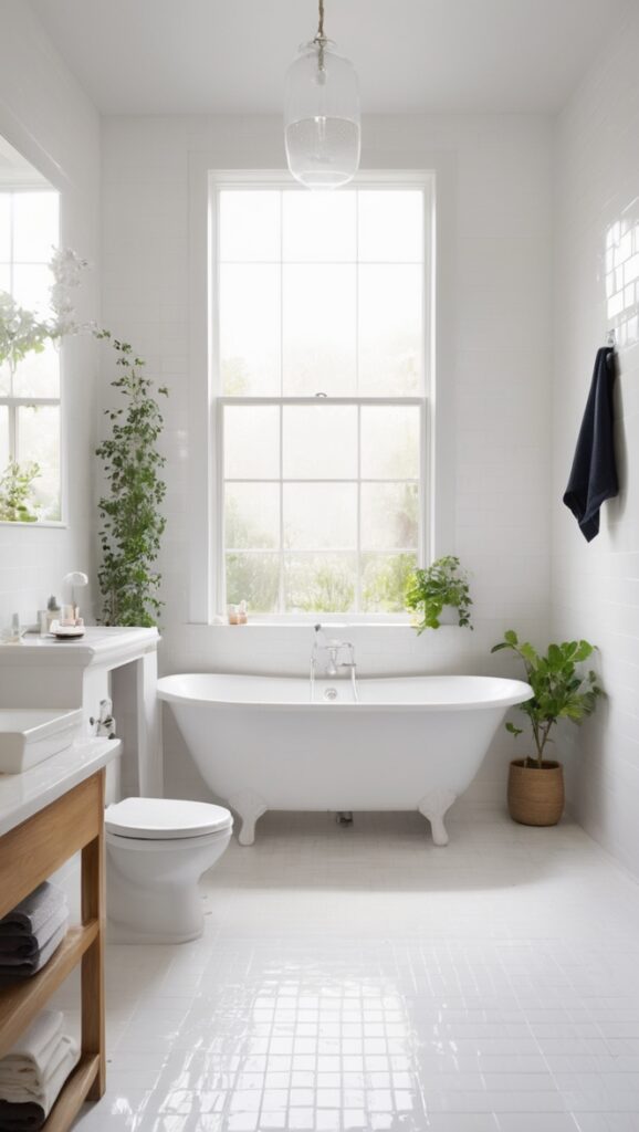 How can I create a serene atmosphere in my white tiles bathroom?