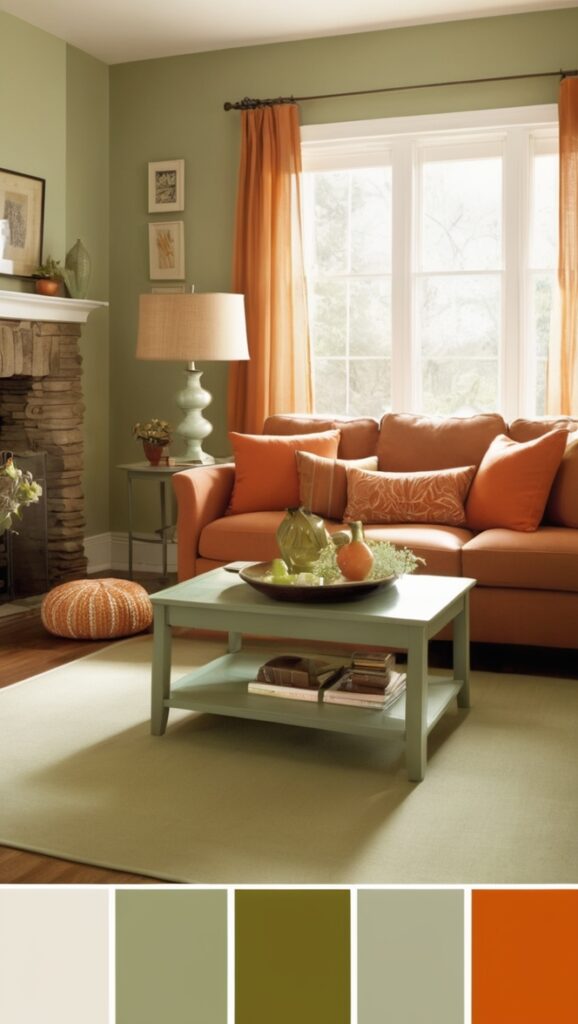 How can I incorporate sage green and burnt orange into my living room ...