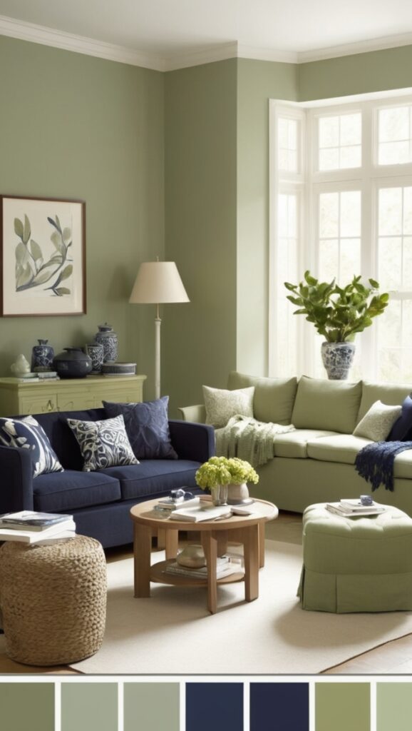 How would I incorporate sage green and navy into my living room?