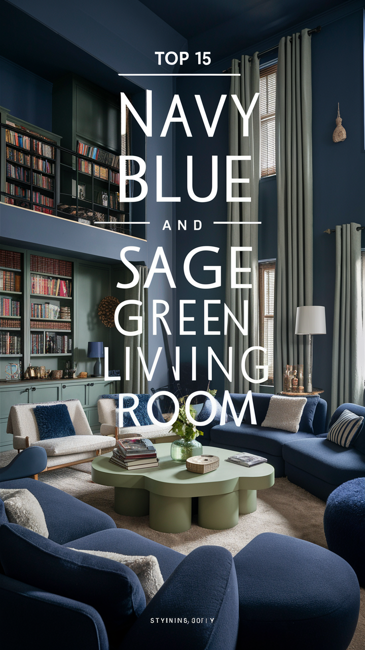 How can I incorporate navy blue and sage green in my living room décor?