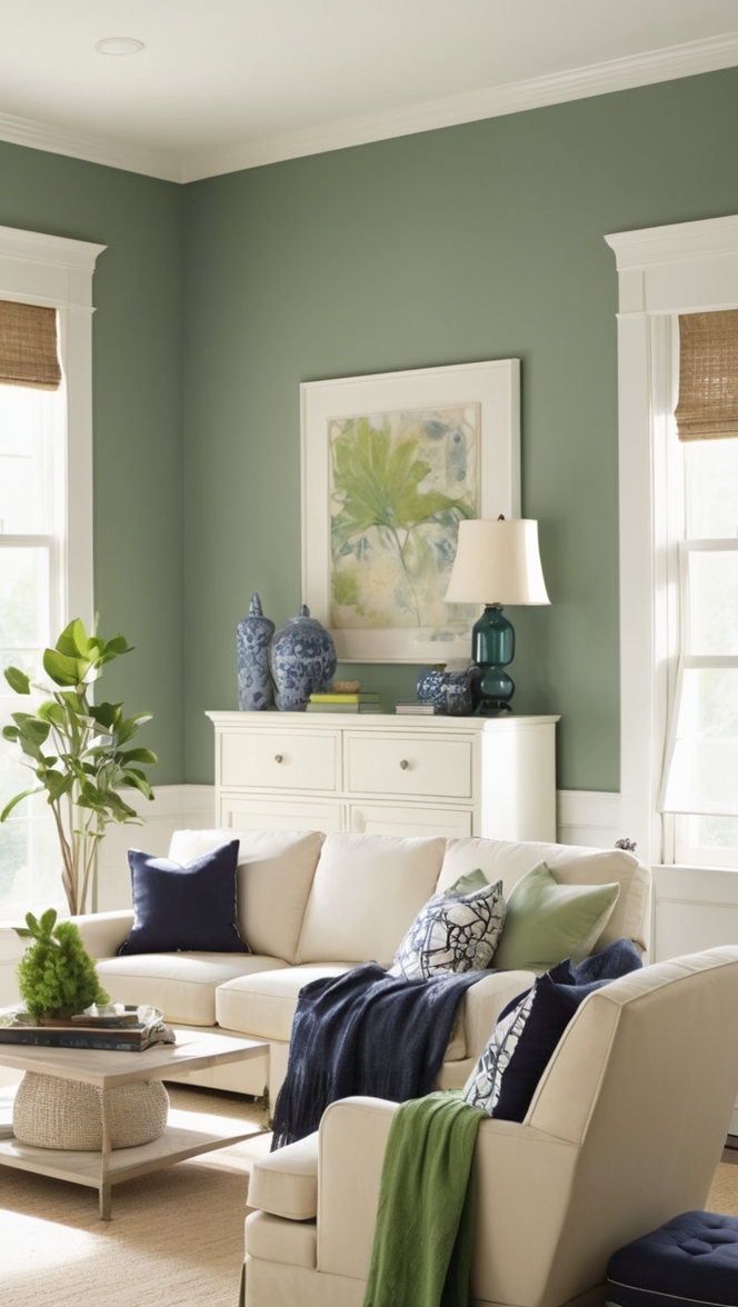 How can I incorporate navy blue and sage green in my living room décor?