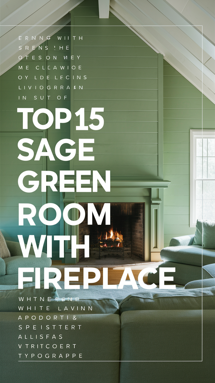 Design a cozy sage green living room with a fireplace