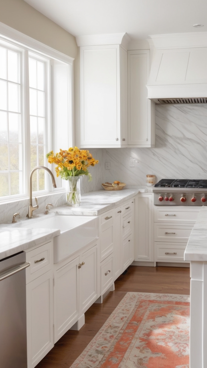 How would I design a stunning white marble kitchen?
