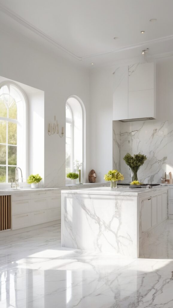 How would I design a stunning white marble kitchen?